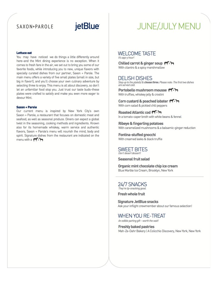 JetBlue Unveils New Menus for their First Class "Mint" Product - Fly&Dine