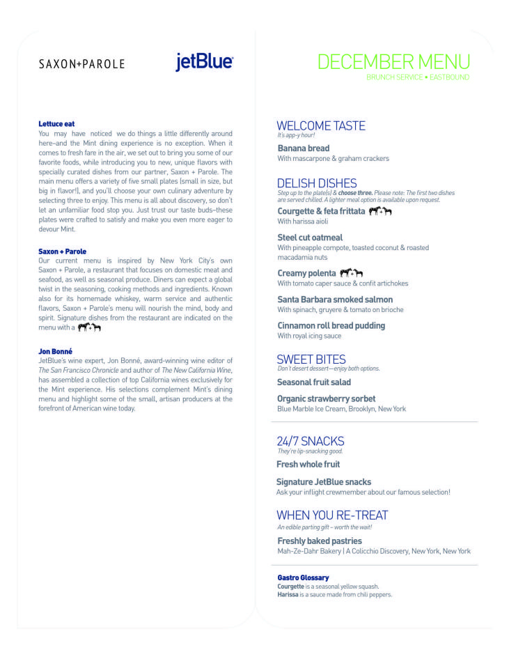 JetBlue's Mint Menus for December - Fly&Dine